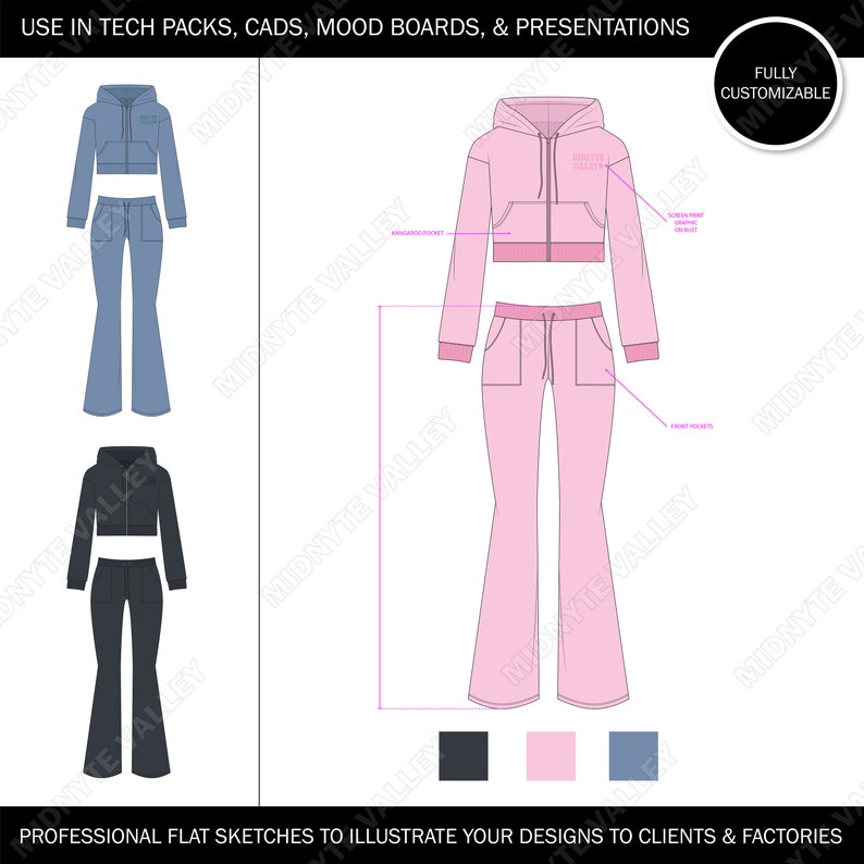 Y2K Track Suit Set Crop Flare Pant Mock up for Fashion Design Tech Pack ...