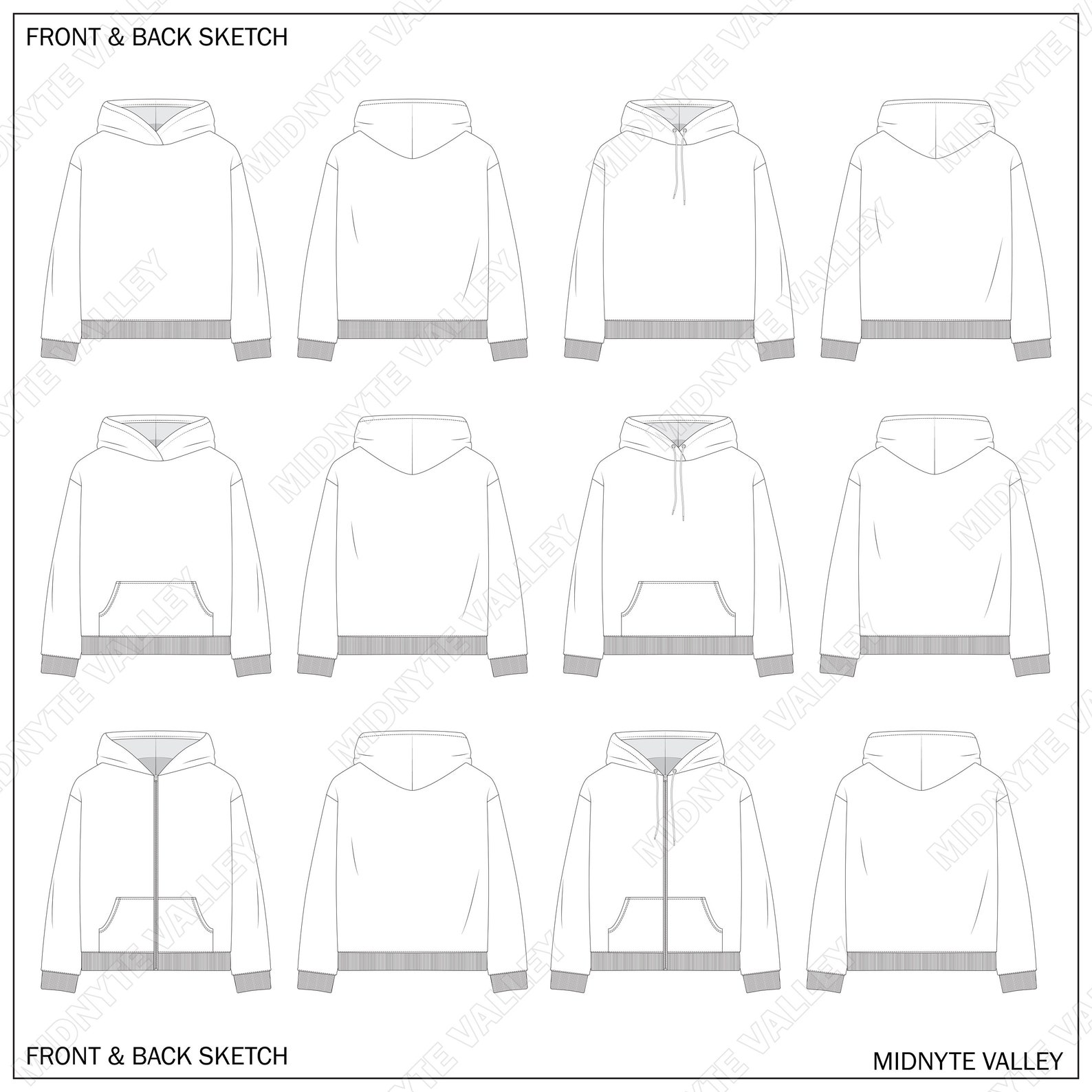 Hoodie Zip up Pocket Set Mock up for Fashion Design Tech Pack Technical ...