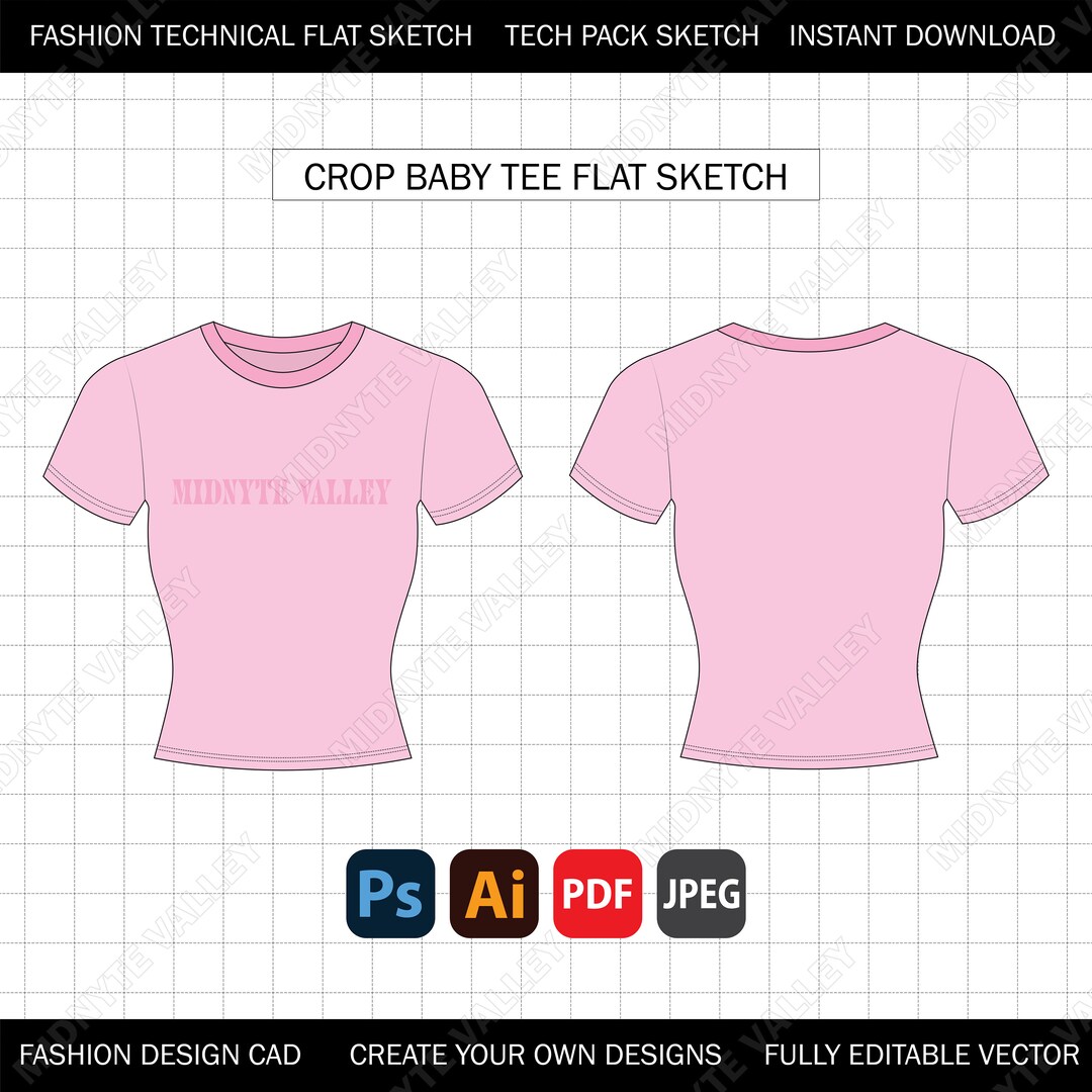 Baby Tee Mock up for Fashion Design Tech Pack Technical Flat Sketch CAD ...