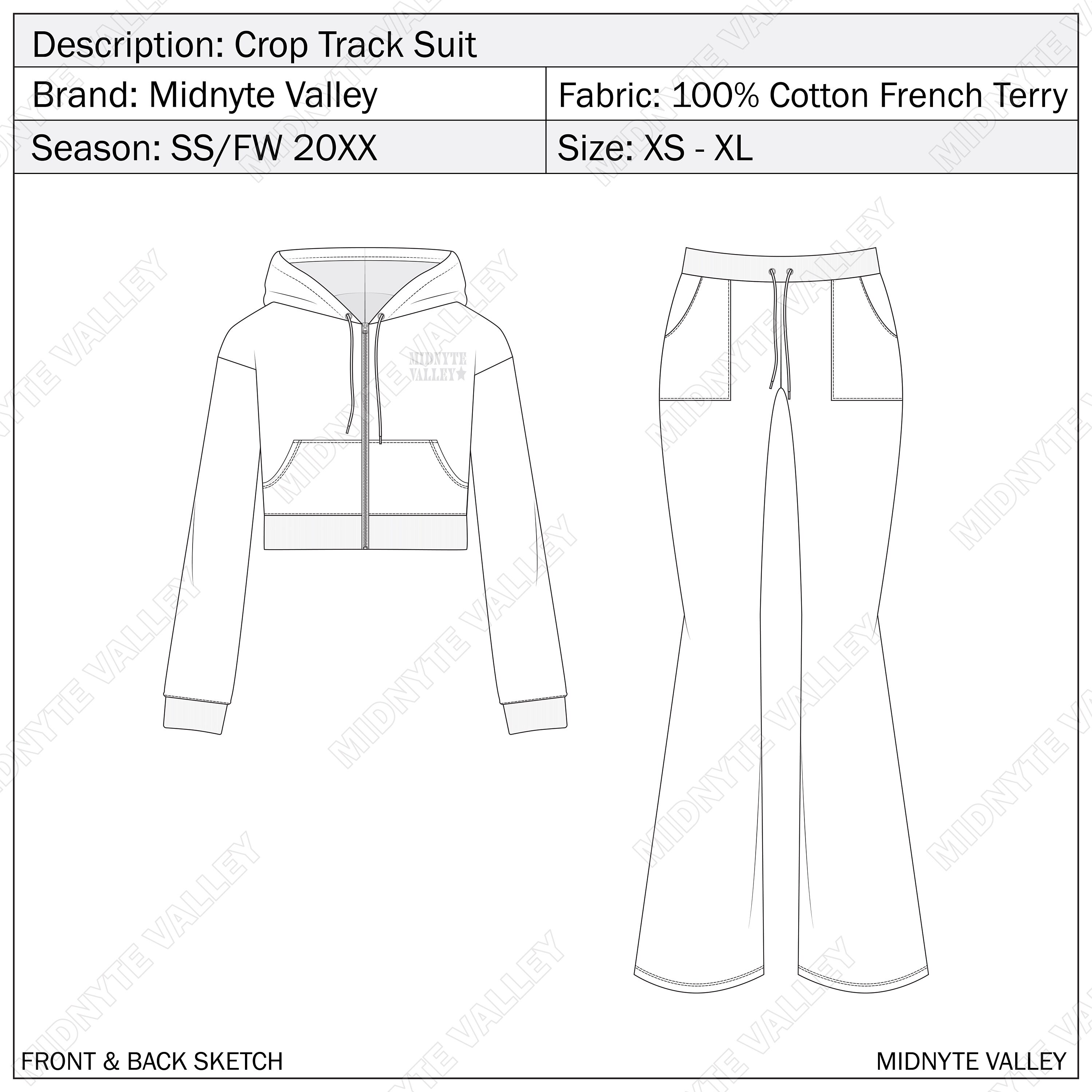 Y2K Track Suit Set Crop Flare Pant Mock up for Fashion Design Tech Pack ...