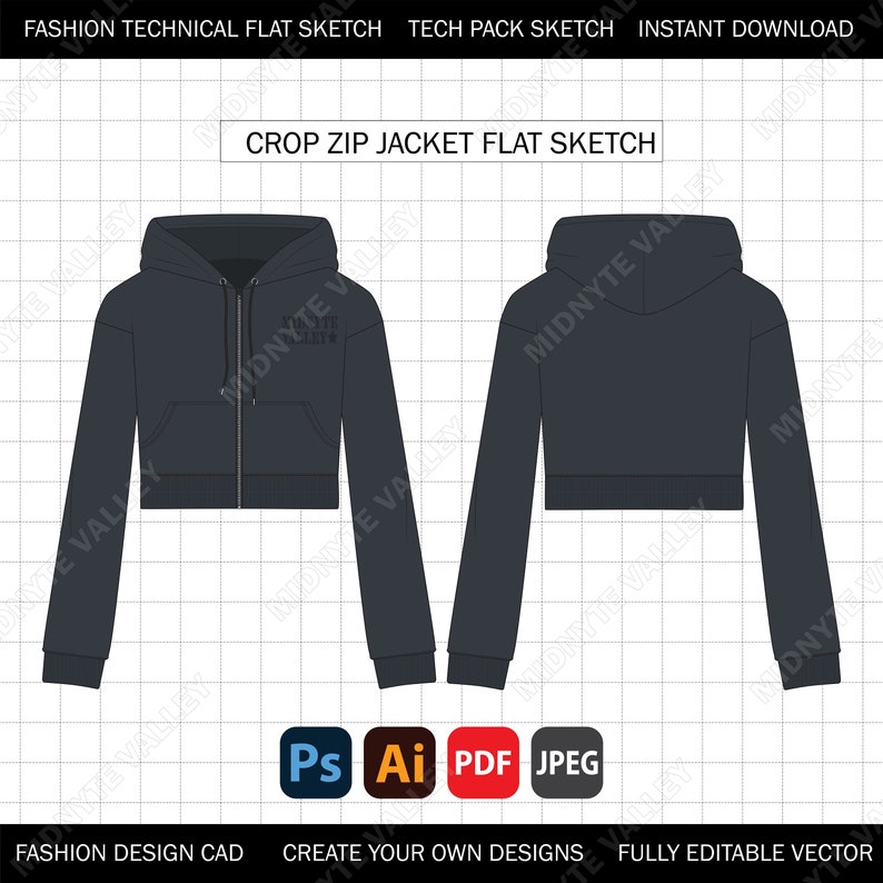 Y2K Crop Zip Jacket Mock up for Fashion Design Tech Pack Technical Flat ...
