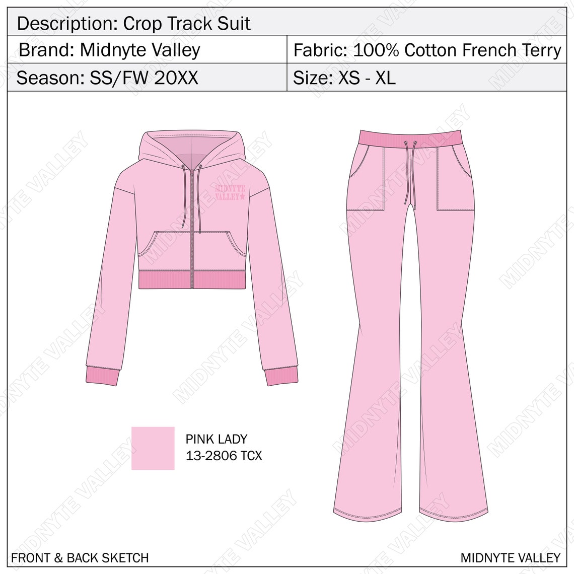 Y2K Track Suit Set Crop Flare Pant Mock up for Fashion Design Tech Pack ...