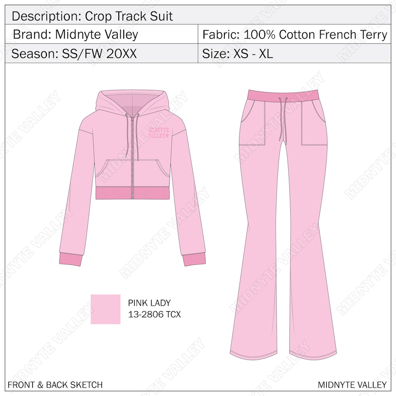 Y2K Track Suit Set Crop Flare Pant Mock up for Fashion Design Tech Pack ...