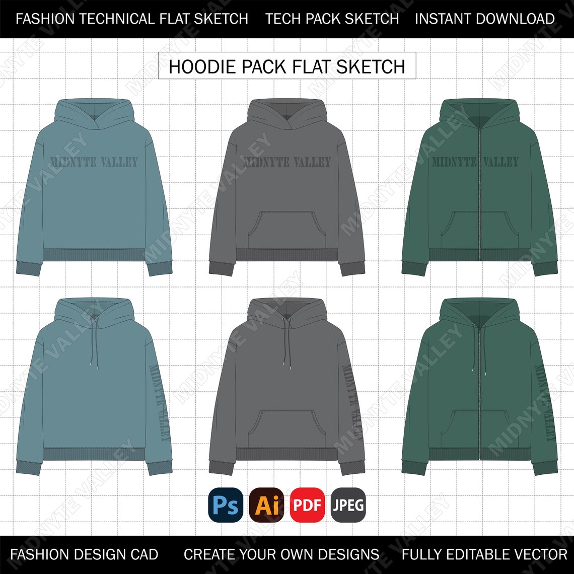 Hoodie Zip up Pocket Set Mock up for Fashion Design Tech Pack Technical ...