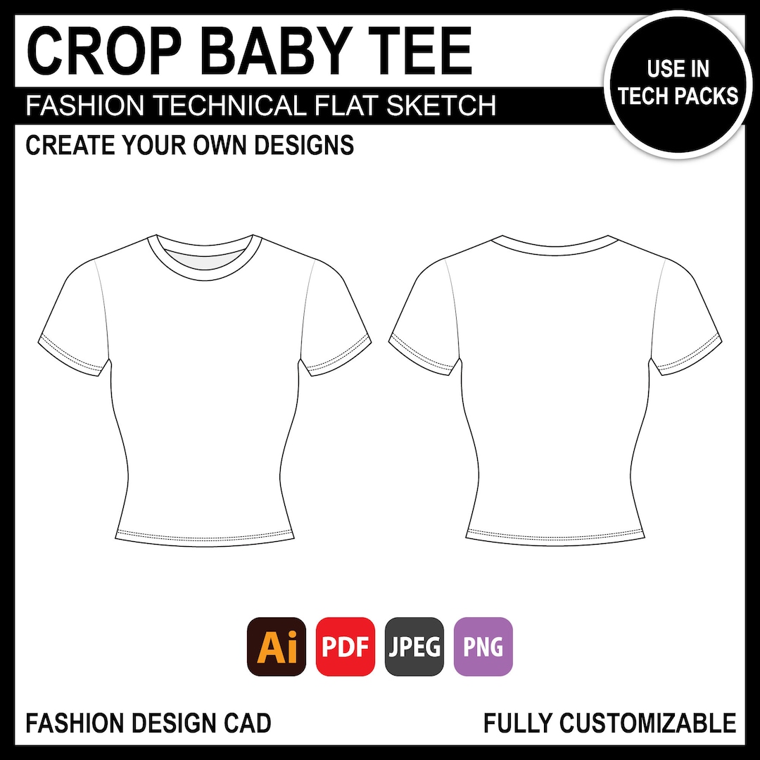 Baby Tee Mock up for Fashion Design Tech Pack Technical Flat Sketch CAD ...