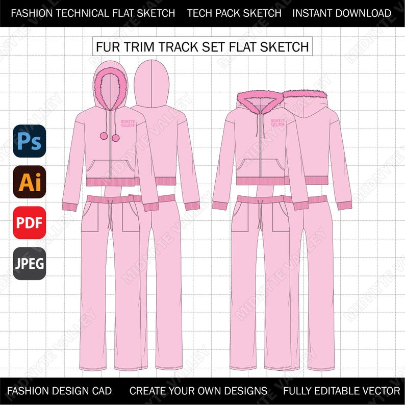 Fur Y2K Track Set Digital Flat Sketches for Fashion Design | Fashion ...