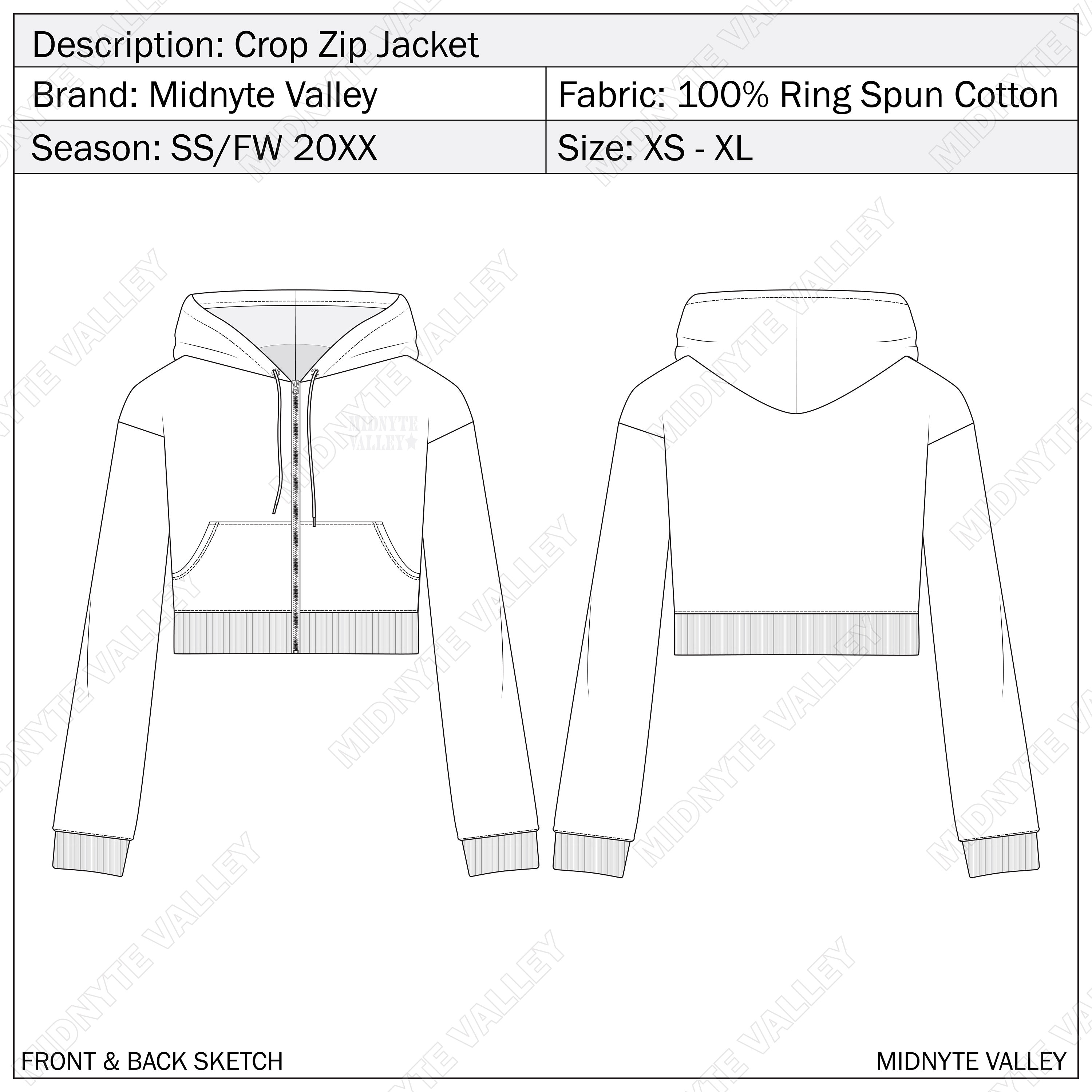 Y2K Crop Zip Jacket Mock up for Fashion Design Tech Pack Technical Flat ...