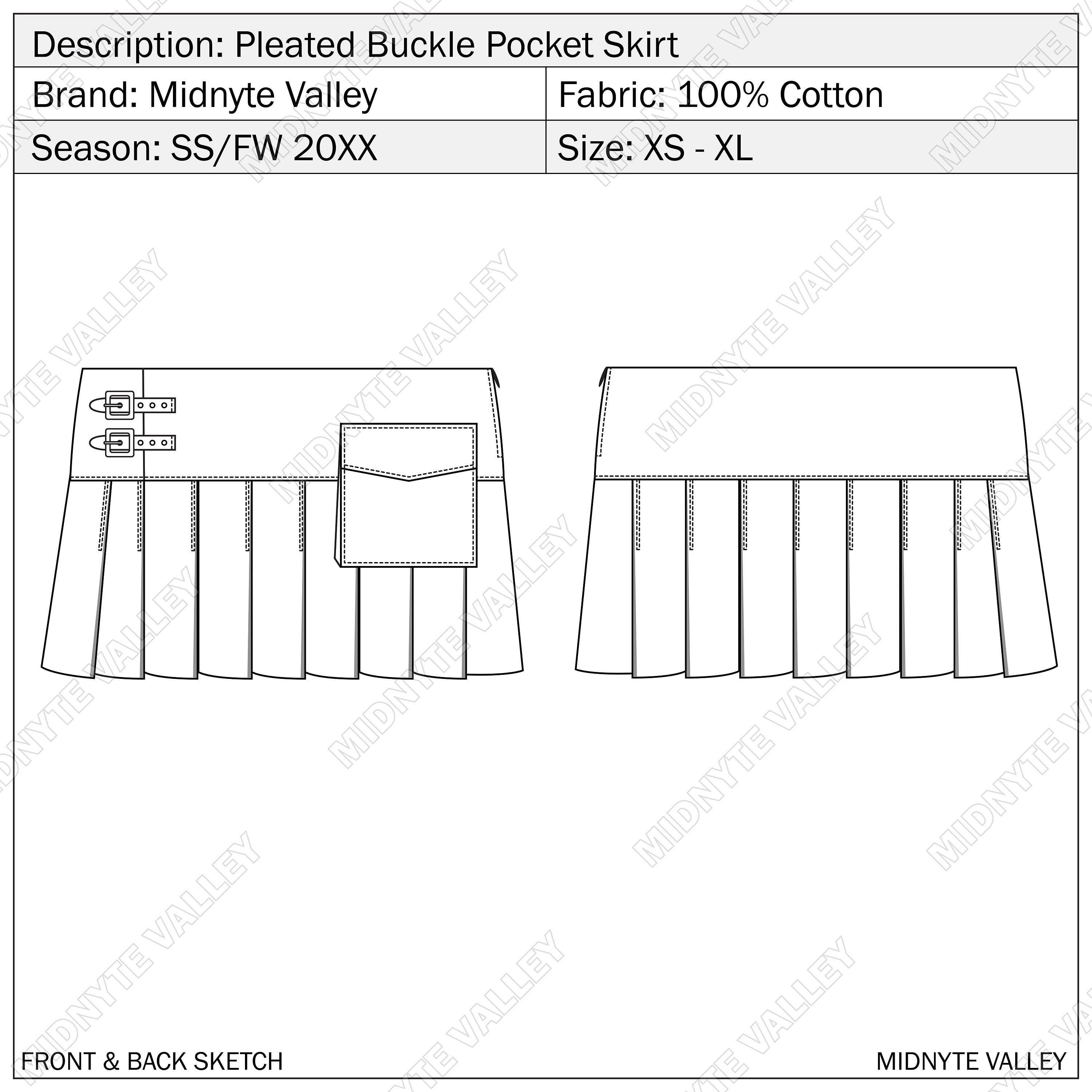 Y2K Pleated Plaid Skirt Flat Sketch: Cargo Buckle Design (AI, PDF, JPEG ...