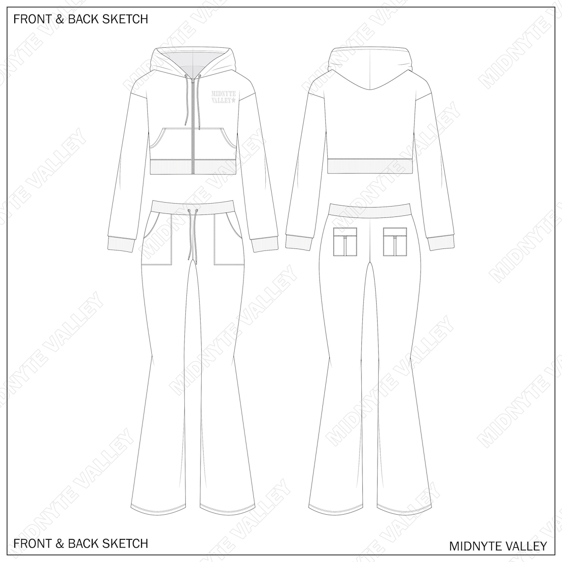 Y2K Track Suit Set Crop Flare Pant Mock up for Fashion Design Tech Pack ...