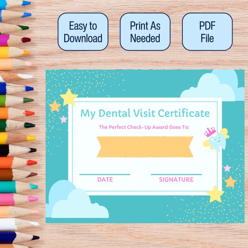 Dental Digital Download Tooth Certificate New Pediatric Dentist Office ...