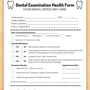 Dental Digital Download for Pediatric Dentist Dental Health Form for ...