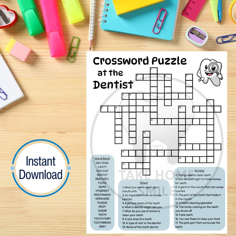 Dental Crossword Puzzle for Waiting Room New Pediatric Dentist Office ...