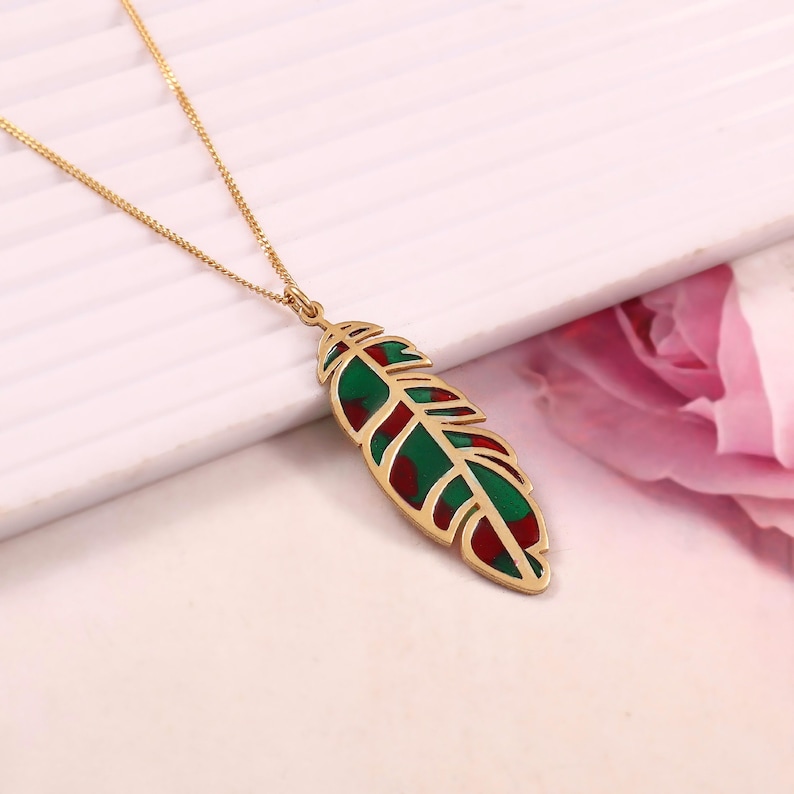 Gold Feather Pendant Necklace • Red Green Enamel Botanical Jewelry ...