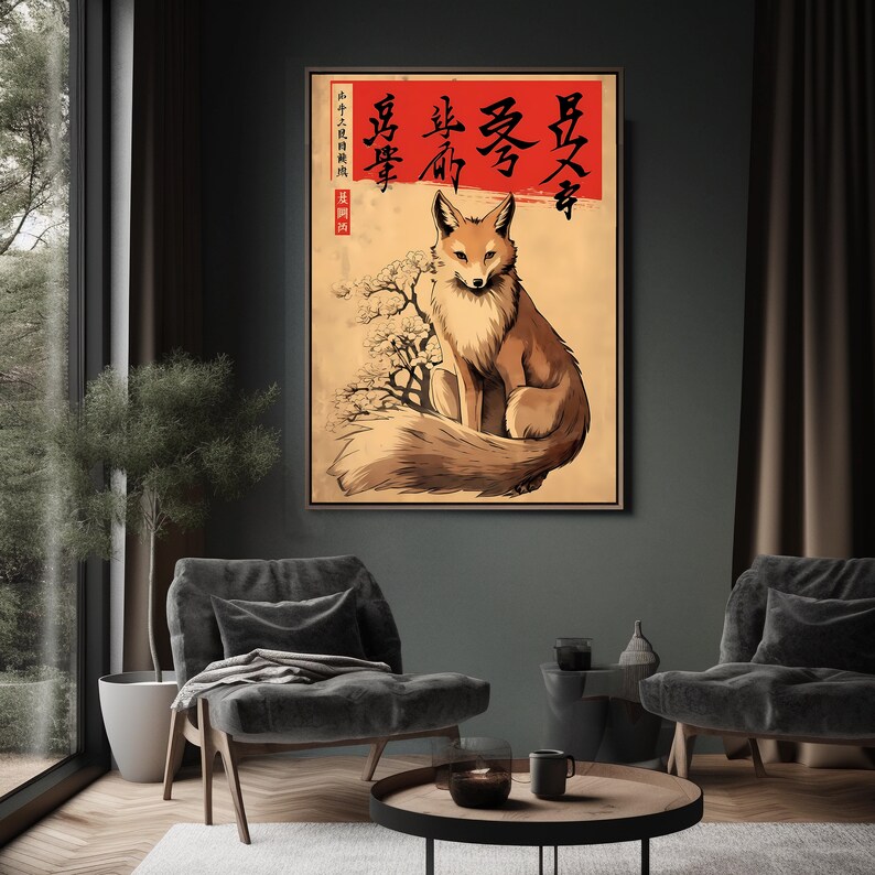 Japanese Fox Traditional Asian Kitsune Retro Kanji Red Art Print ...