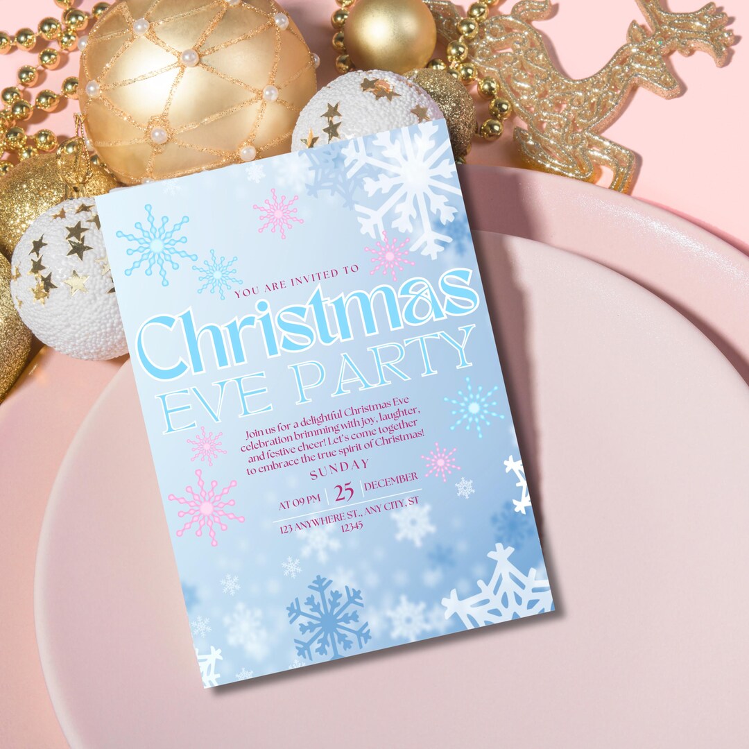 Christmas Eve Party Invitation, Christmas Snowflakes Invite, Editable ...