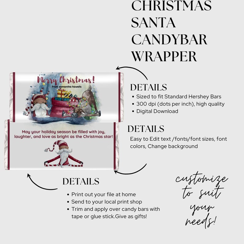 Christmas Santa Candy Bar Wrapper, Editable Template, Digital Download ...