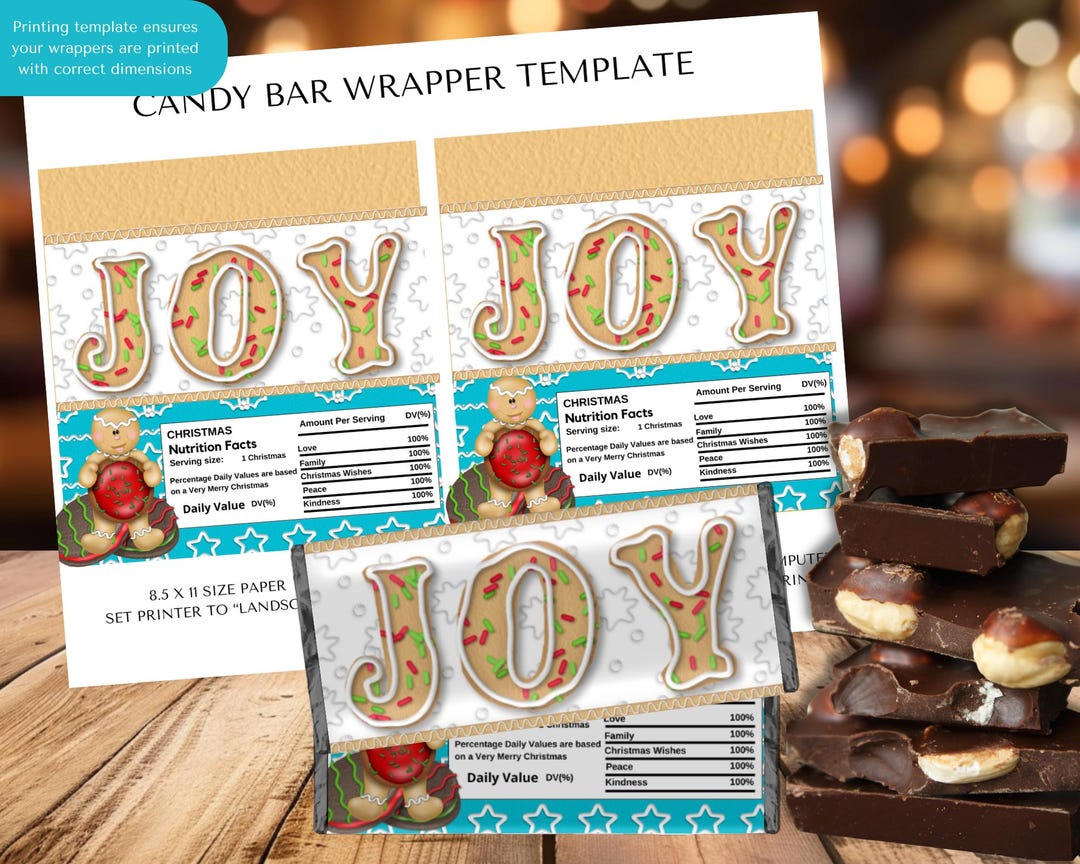 Christmas Joy Gingerbread Man Candy Bar Wrapper, Editable Template ...