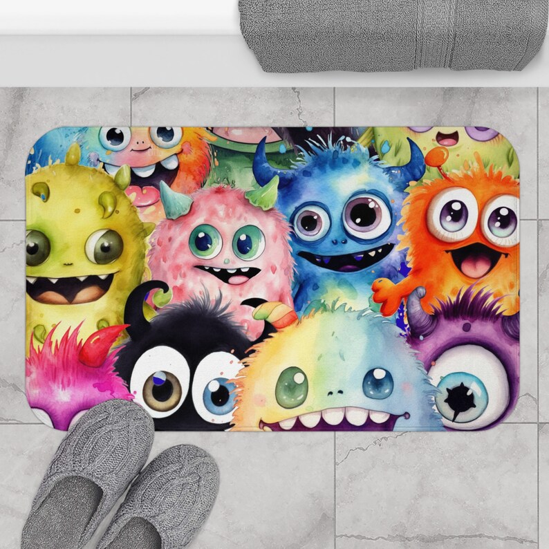 Cute Monsters Bath Mat, Funny Cartoon Monsters, Kids Bathroom Decor ...