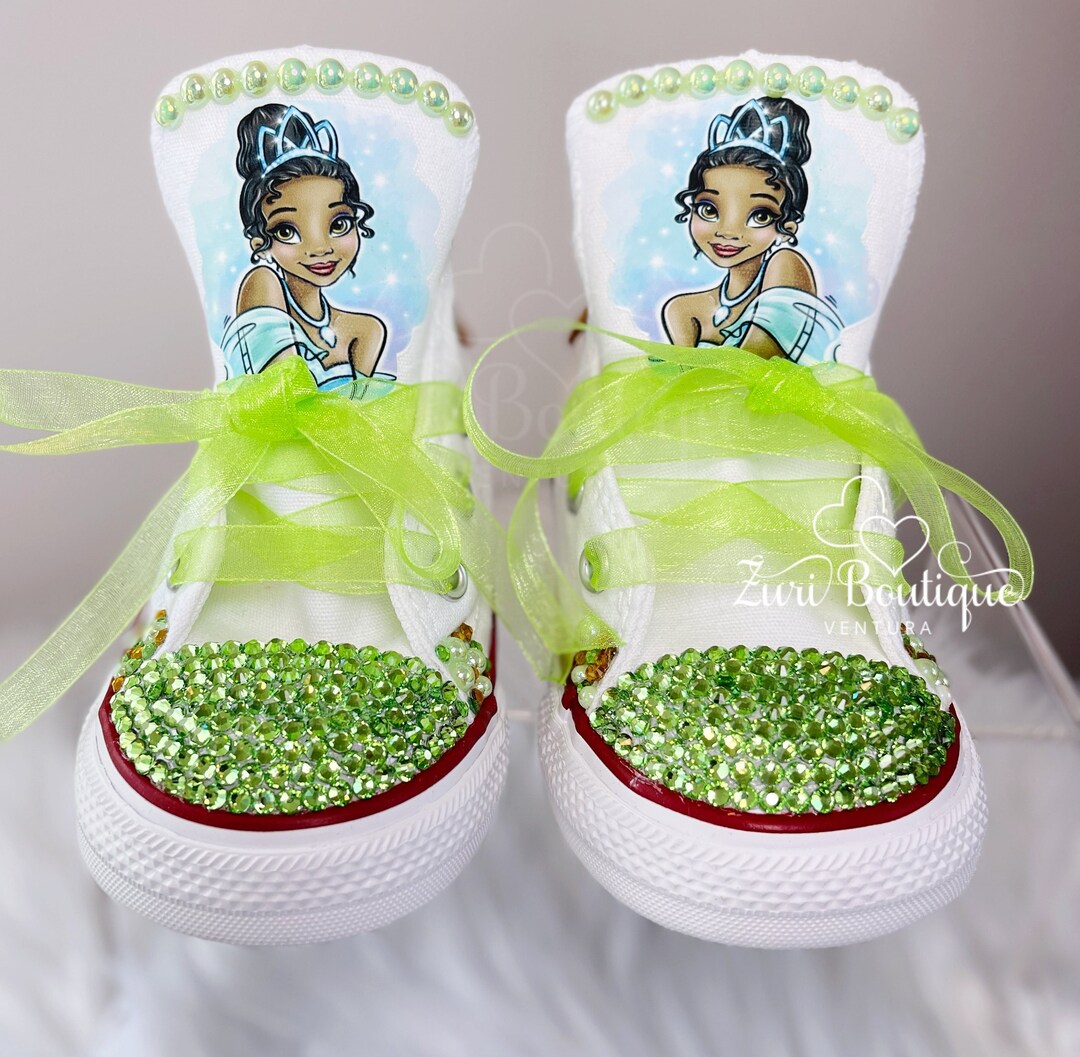 Blue Dress Princess Tiana Kid's Bling HIGH TOP Converse Shoes Bejeweled ...