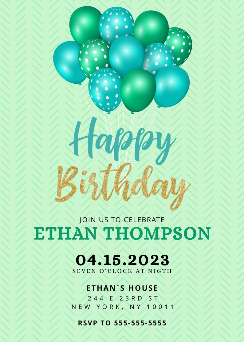 Green Birthday Invitation Balloons Digital 5x7 Printable - Etsy