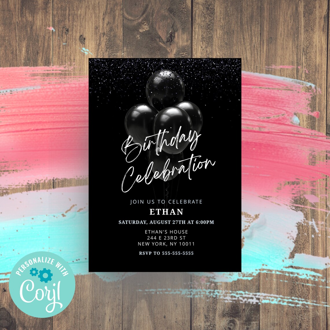 Black Birthday Invitation Printable Corjl Digital Invitation - Etsy