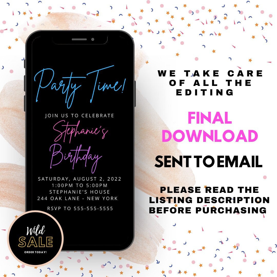 Party Time Birthday Invitation Color | E-invite | Digital Phone ...