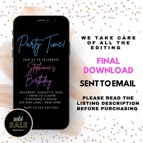 Party Time Birthday Invitation Color E-invite Digital | Etsy