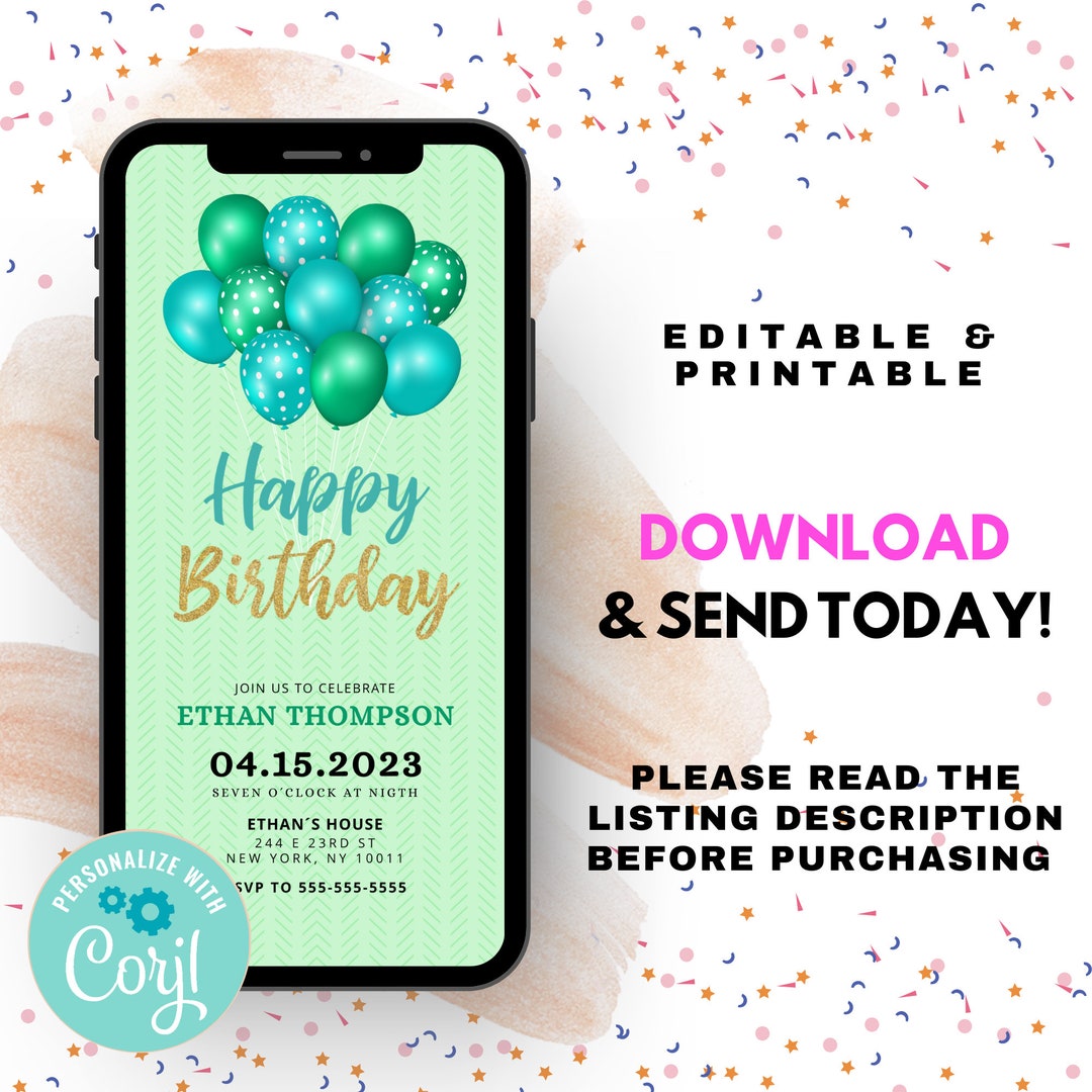 Green Birthday Invitation Balloons Digital 5x7 Printable Corjl Digital ...