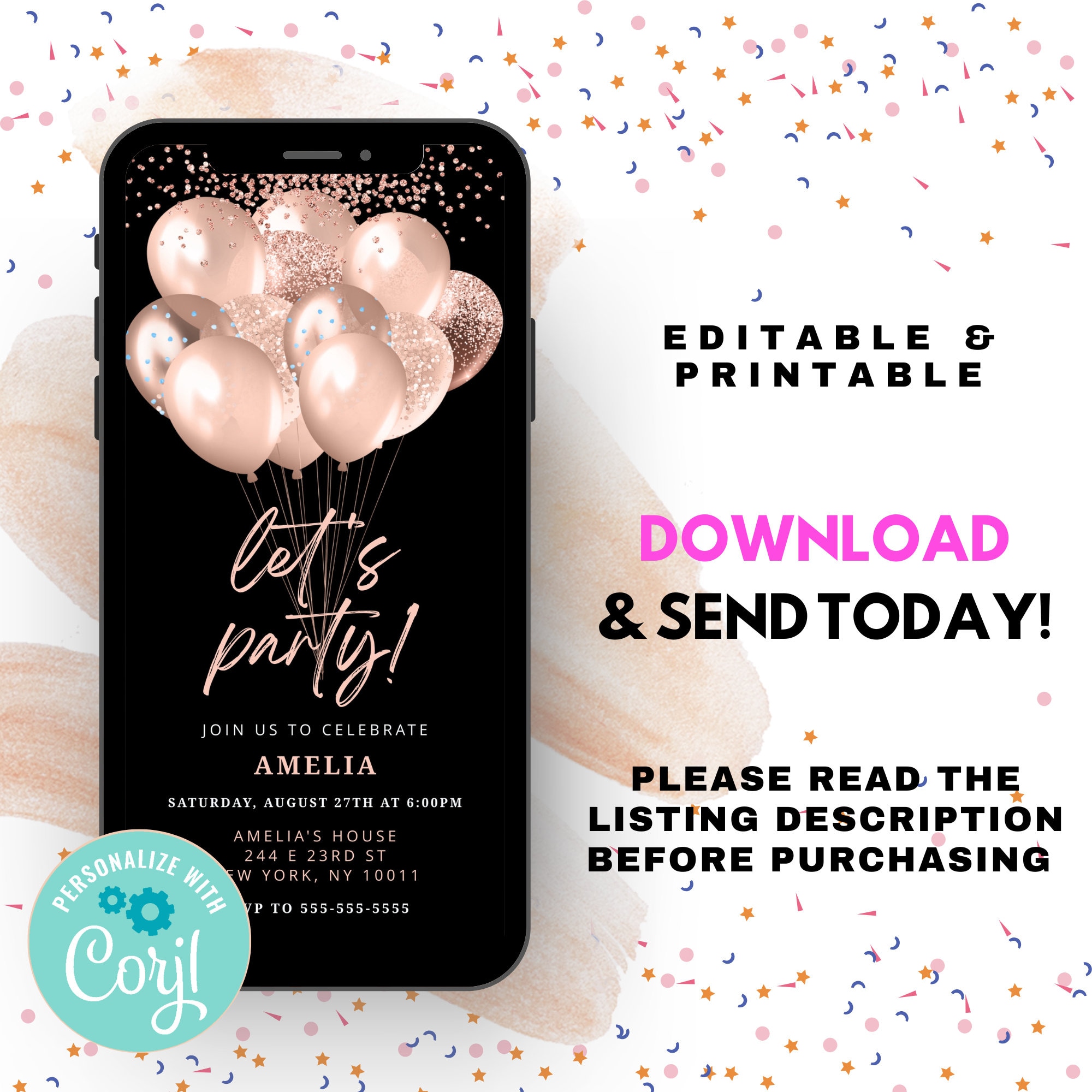 Let's Party Birthday Invitation Printable Corjl | Digital Invitation ...