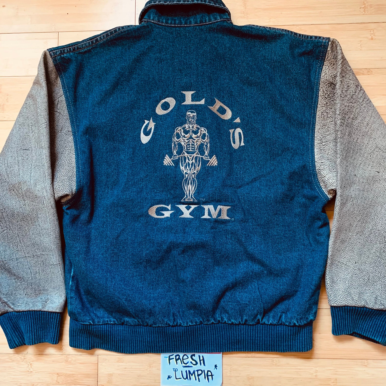 Golds Gym Vintage Denim Faux Leather Bomber Varsity Jacket | Etsy