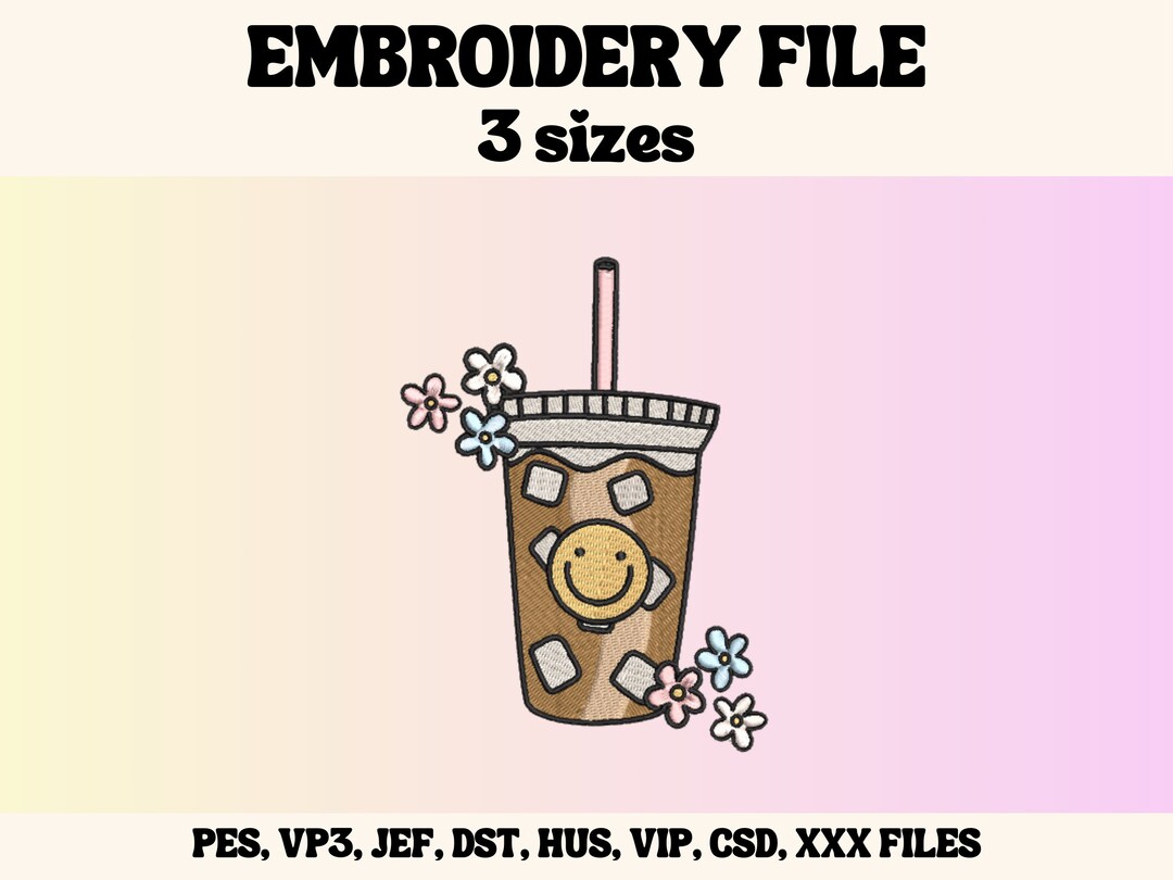 Floral Iced Coffee Embroidery Design, Trendy Apparel File (PES, VP3 ...