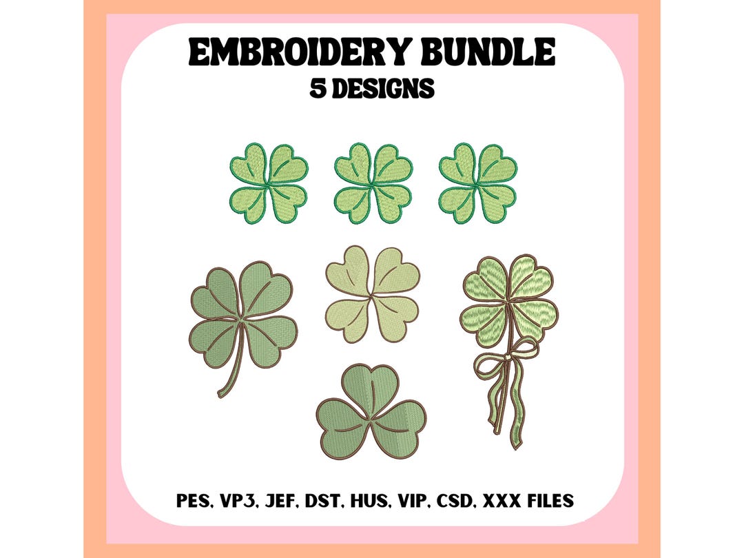 Bundle of 5 Clover Embroidery Designs, 4 Leaf Clover, St. Patricks Day ...
