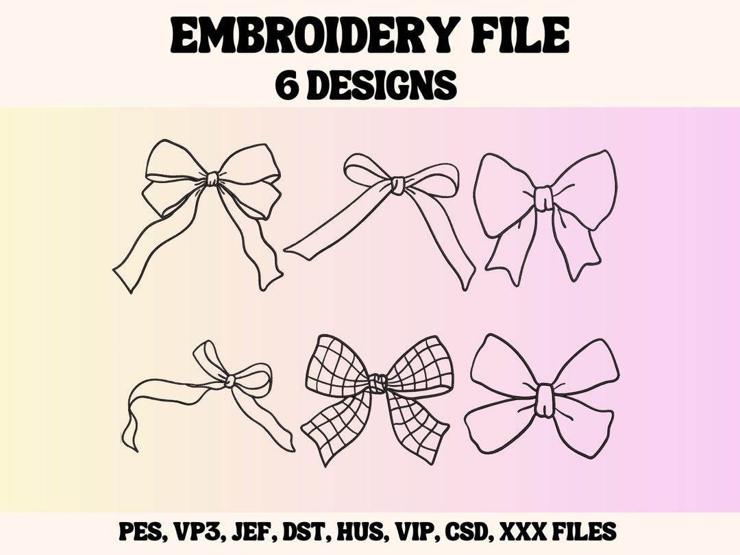 Bow Outline Embroidery Designs, 6 File Bundle (pes, Vp3, Jef, Dst, Hus ...