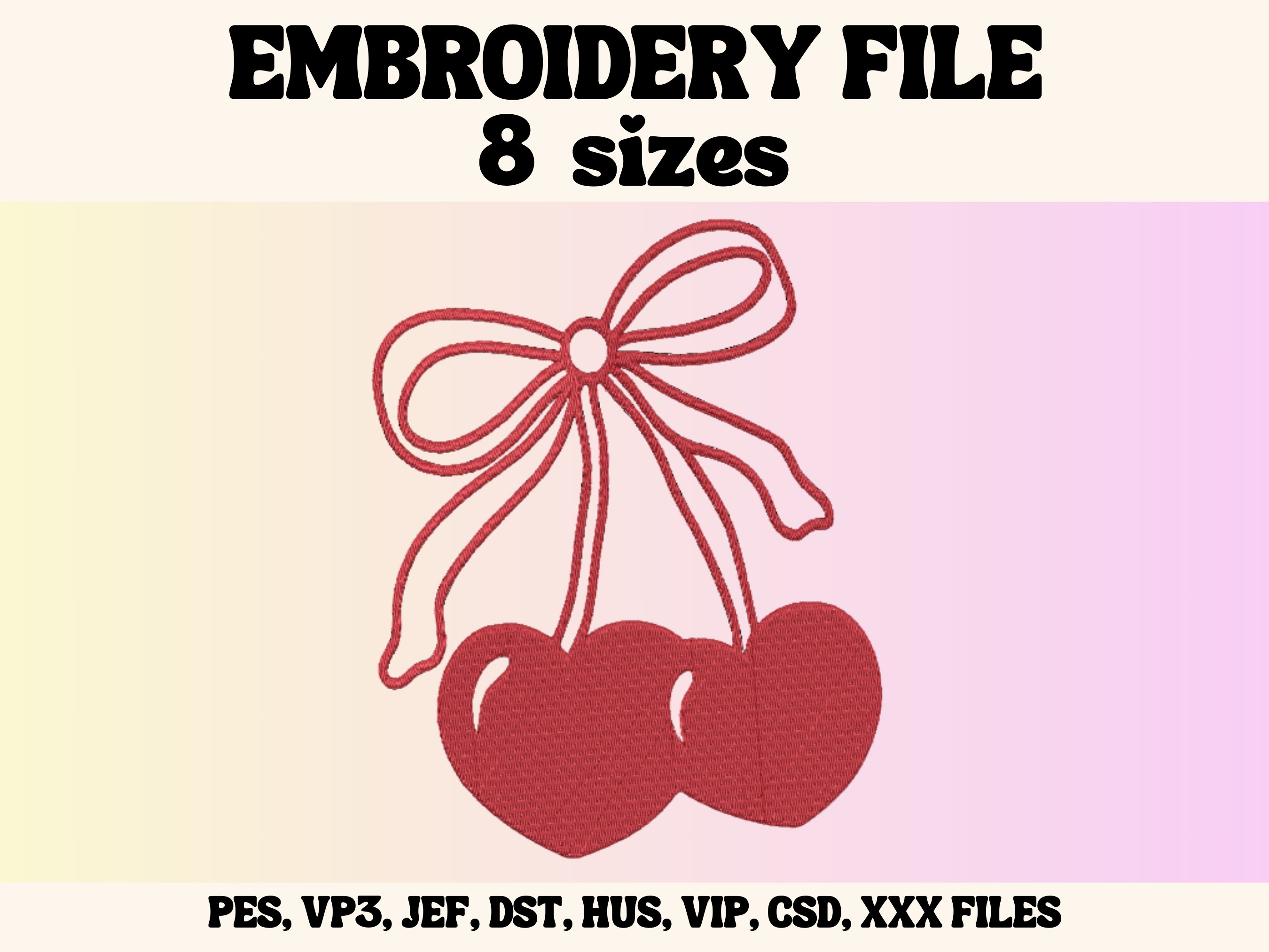 Heart Cherries With a Bow Embroidery Design, Cute Embroidery Design ...