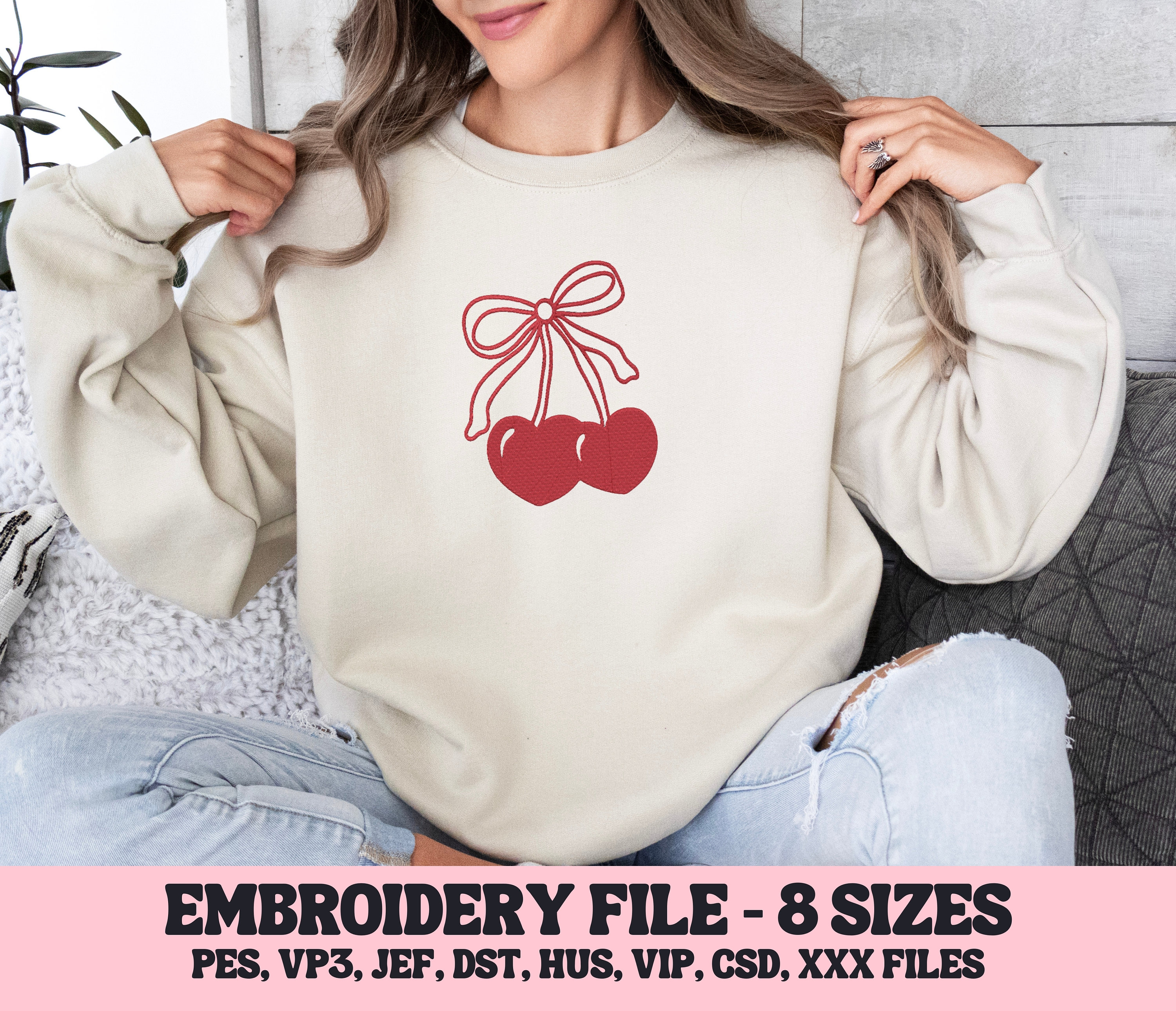 Heart Cherries With a Bow Embroidery Design, Cute Embroidery Design ...