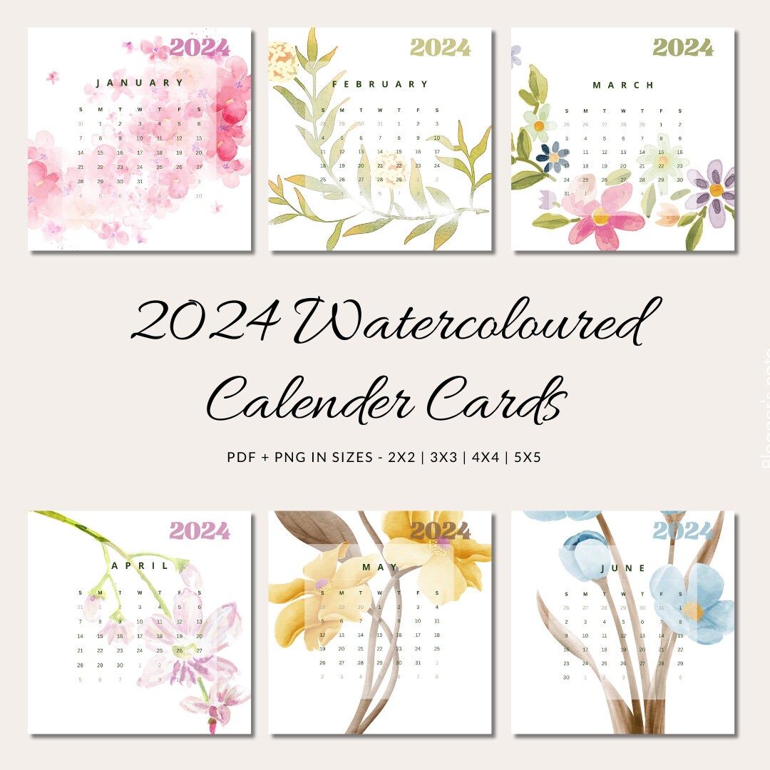 Tarjetas de bolsillo del calendario 2024, temas de acuarela, calendario ...