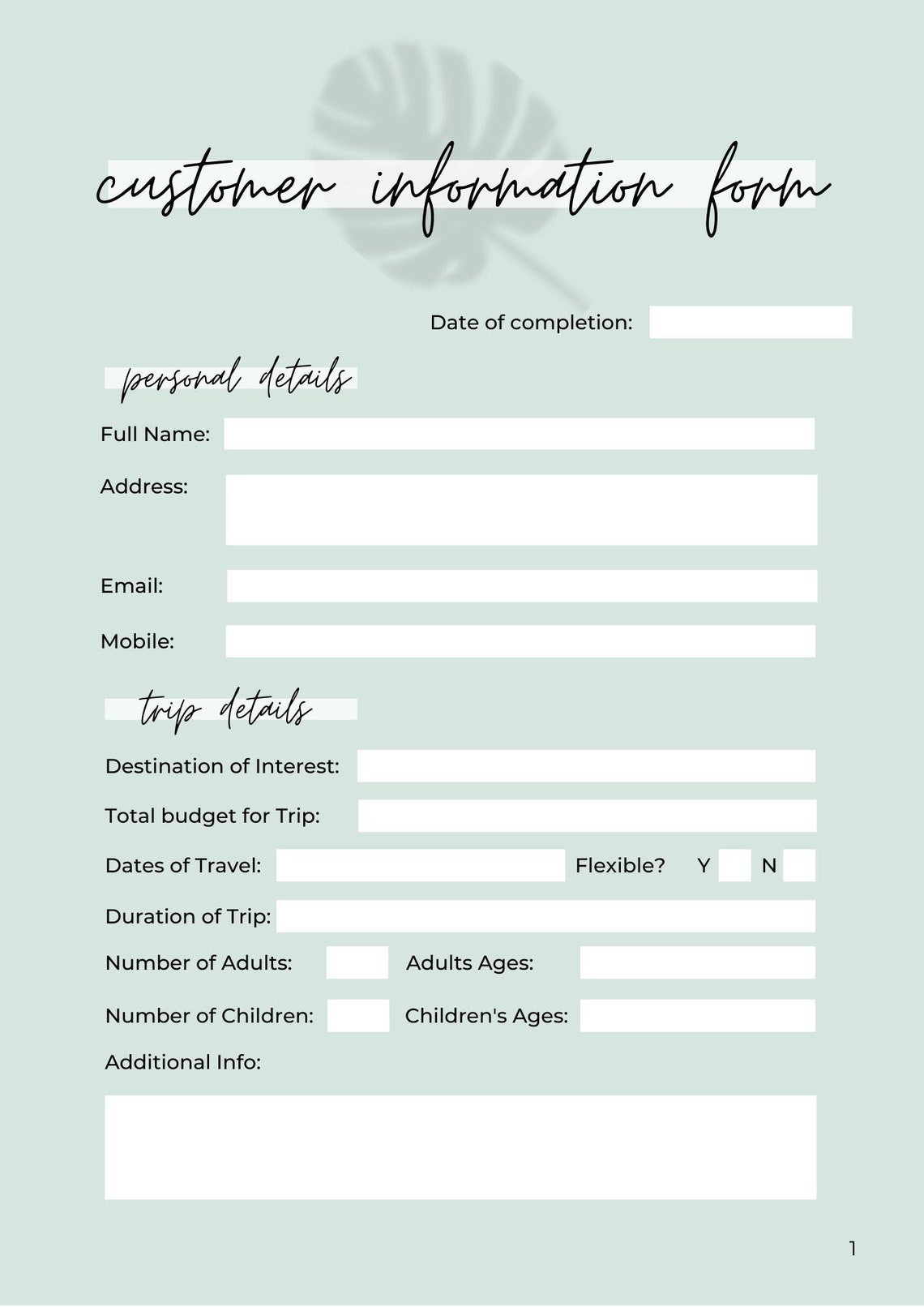 Travel Agent Customer Information Form | Travel Business Tool | 3 Page ...