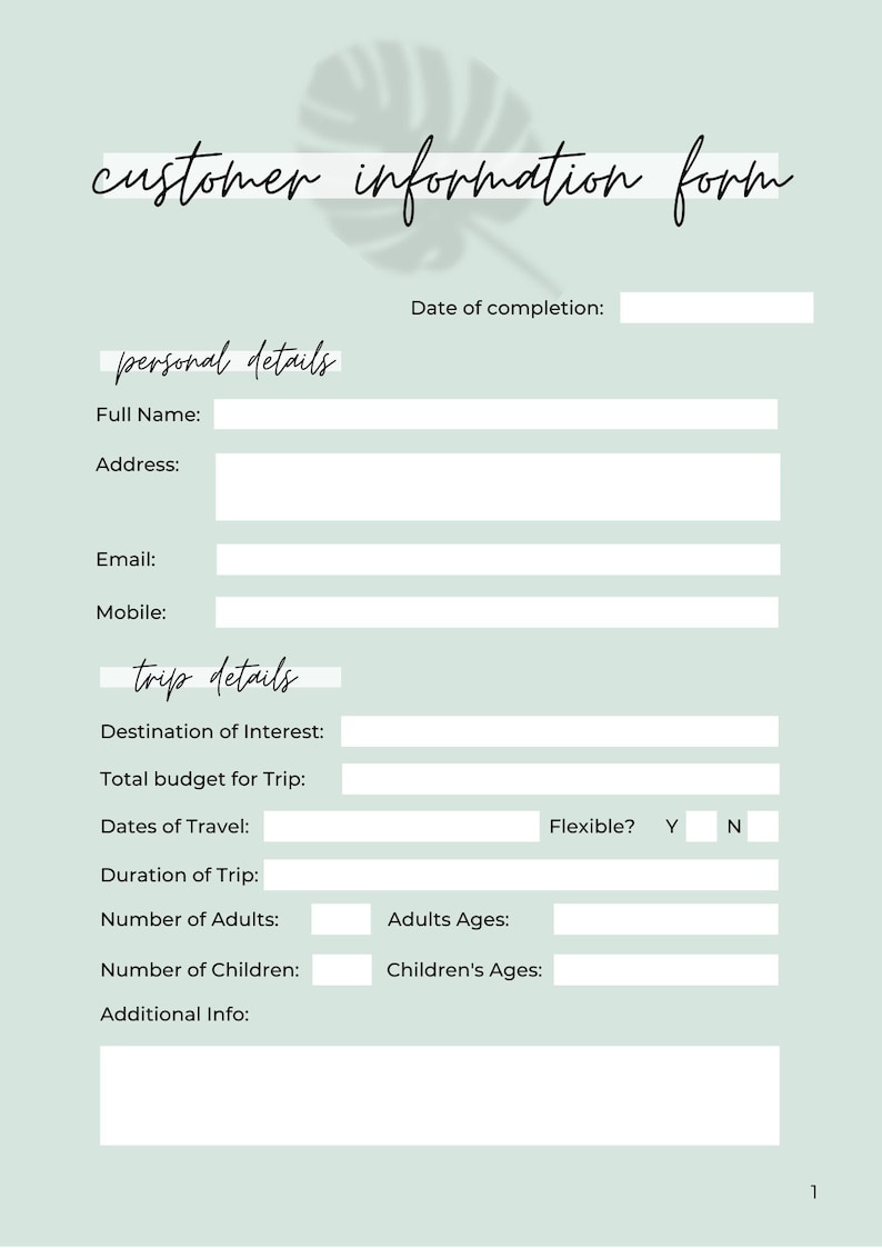 Travel Agent Customer Information Form | Travel Business Tool | 3 Page ...