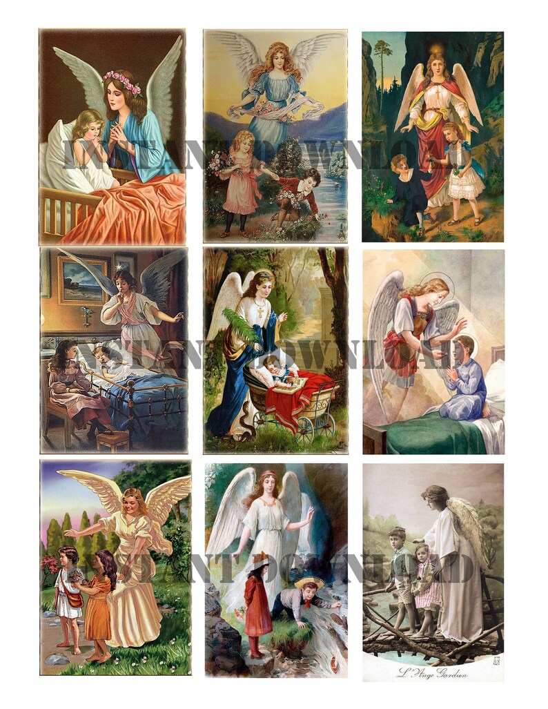 Guardian Angel Collage Sheet, 18 Printable Cards, Vintage Angel Images ...