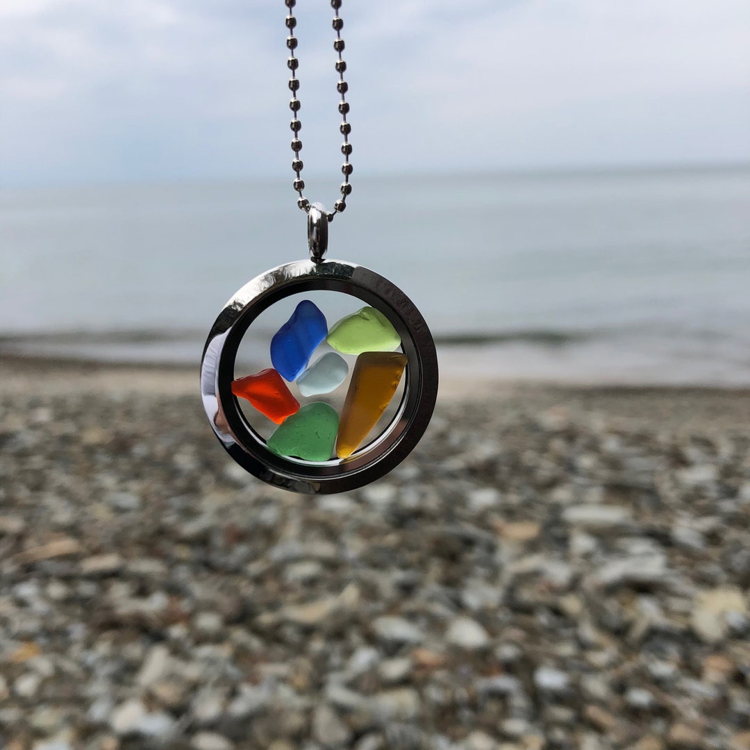 Lake Erie Beach Glass Memory Locket Necklace: Stainless Steel Pendant ...