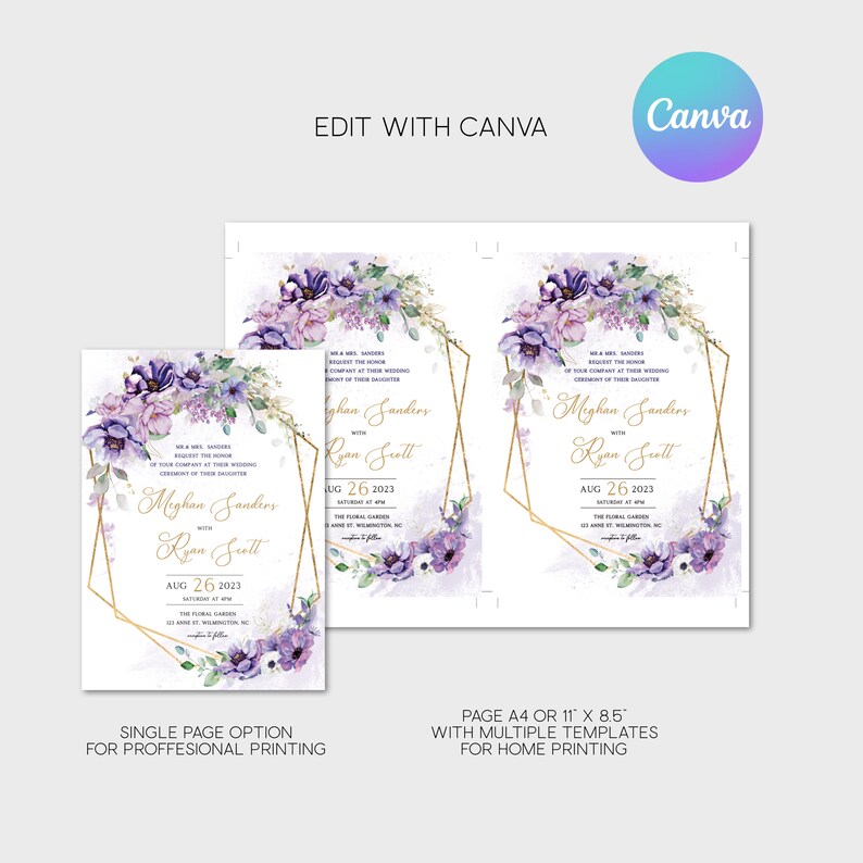 Purple Wedding Invitation Suite, Printable Wedding Invitation Set ...