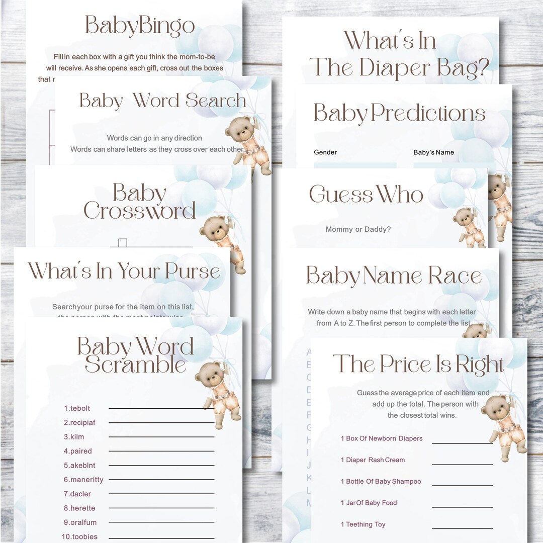 Bear Balloons Baby Shower Games, Boy Baby Shower, Printable Baby Shower ...