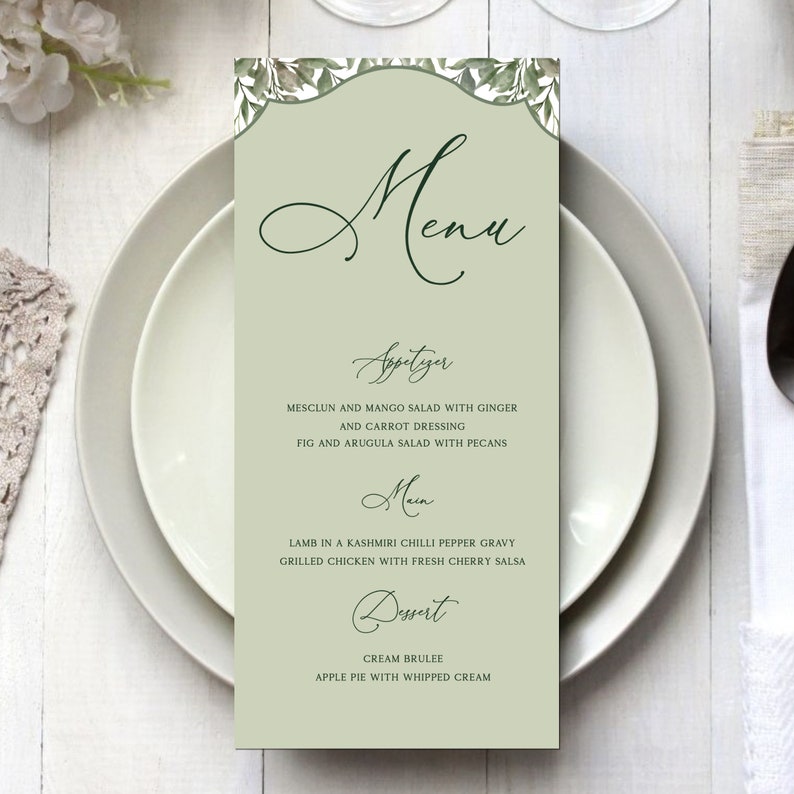 Sage Green Wedding Menu Card, Printable Template, Editable Menu Card ...