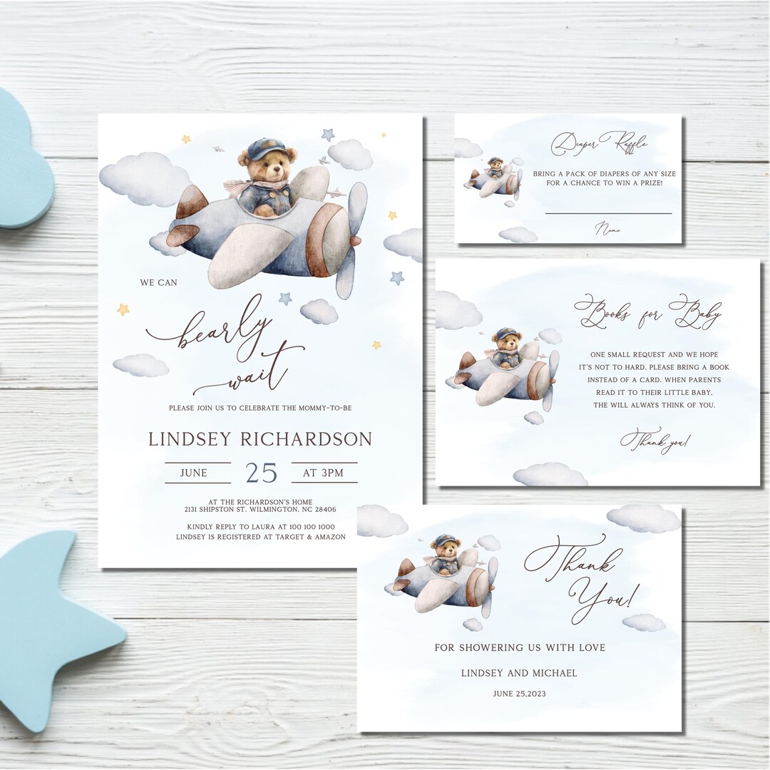 Bear Airplane Baby Shower Invitation for Boys, Editable Baby Shower Invitation BS53 - Etsy