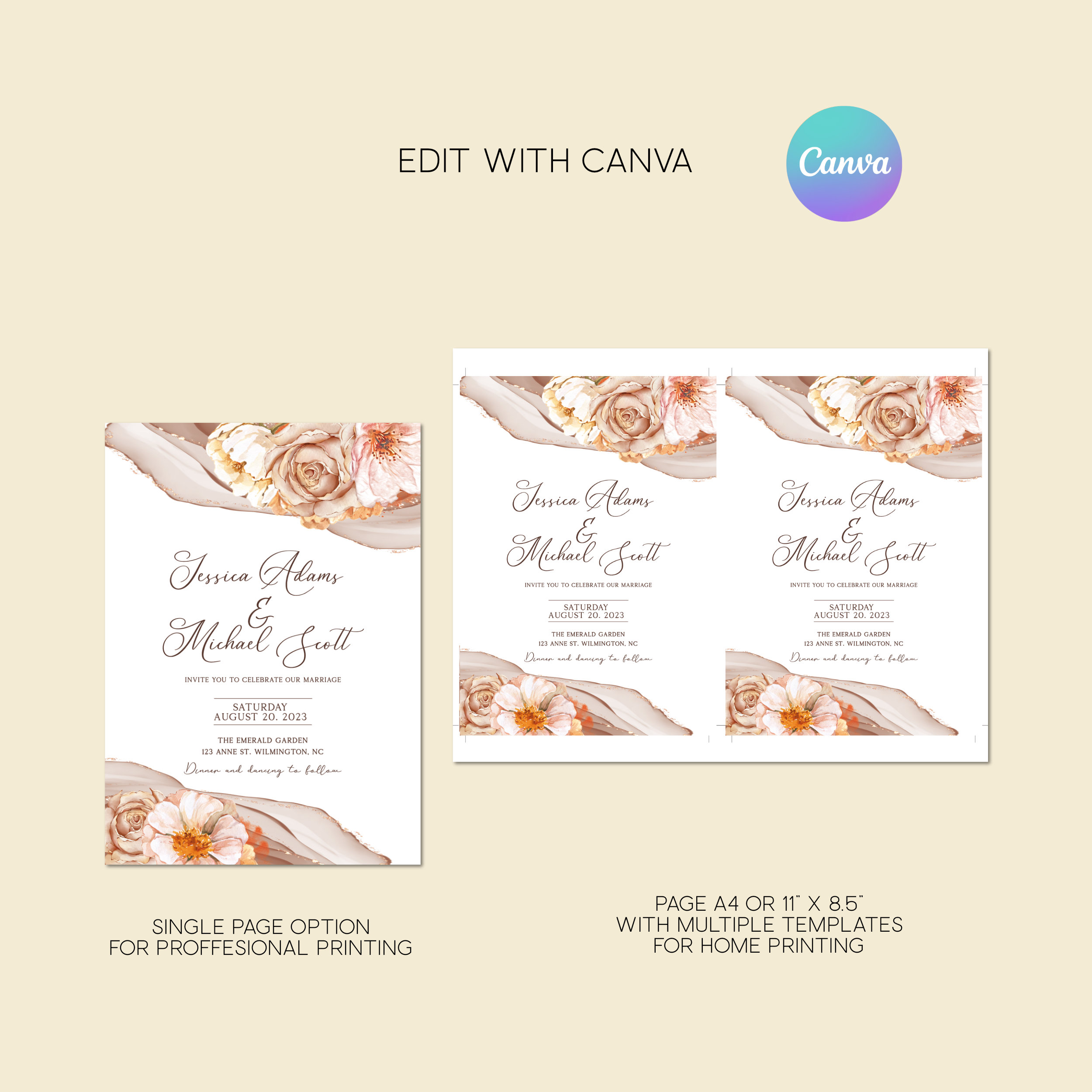 Wedding Invitation, Peach Wedding Invitation Template, Editable Wedding ...