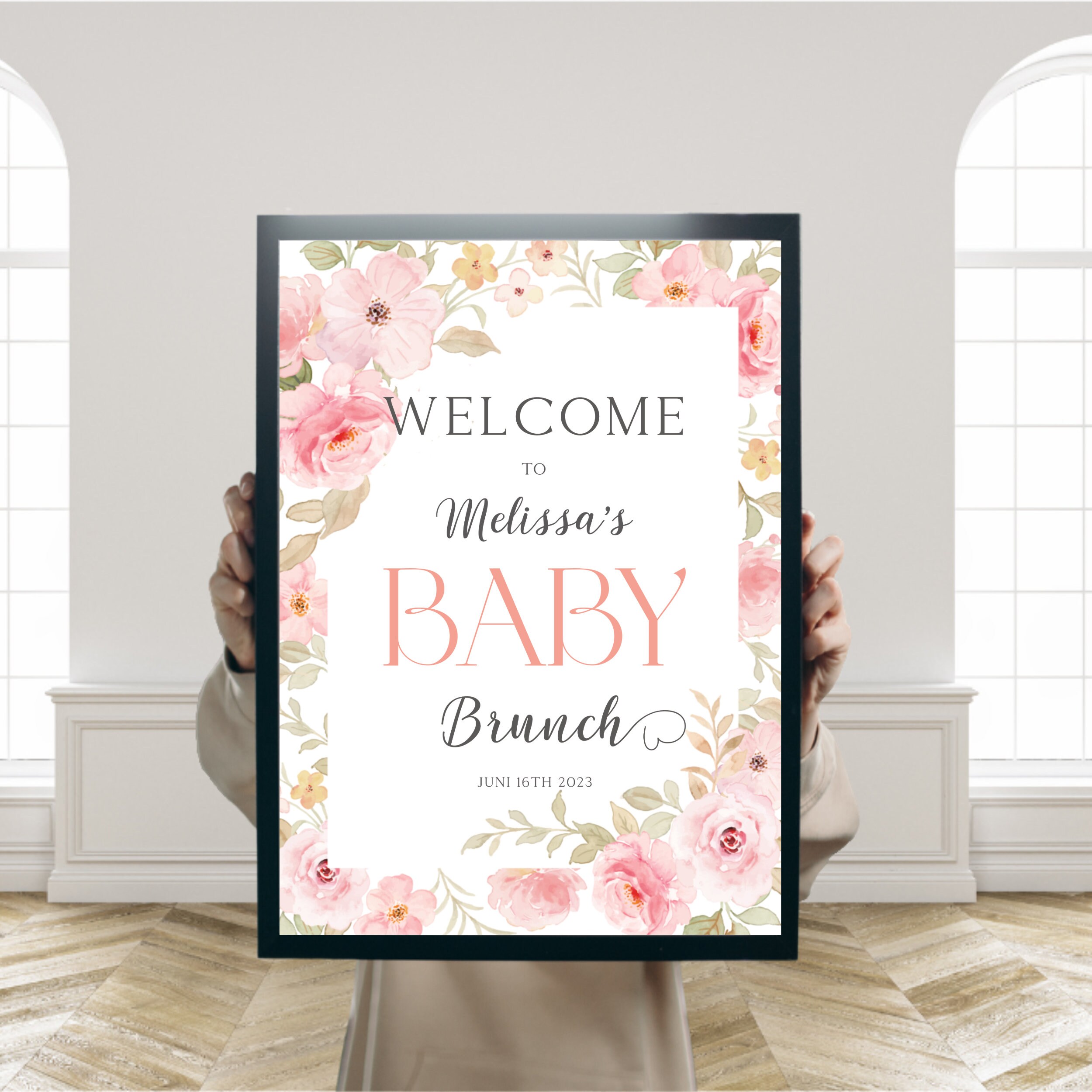 Girl Baby Shower Welcome Sign, Dusty Pink Flowers, Editable Sign ...