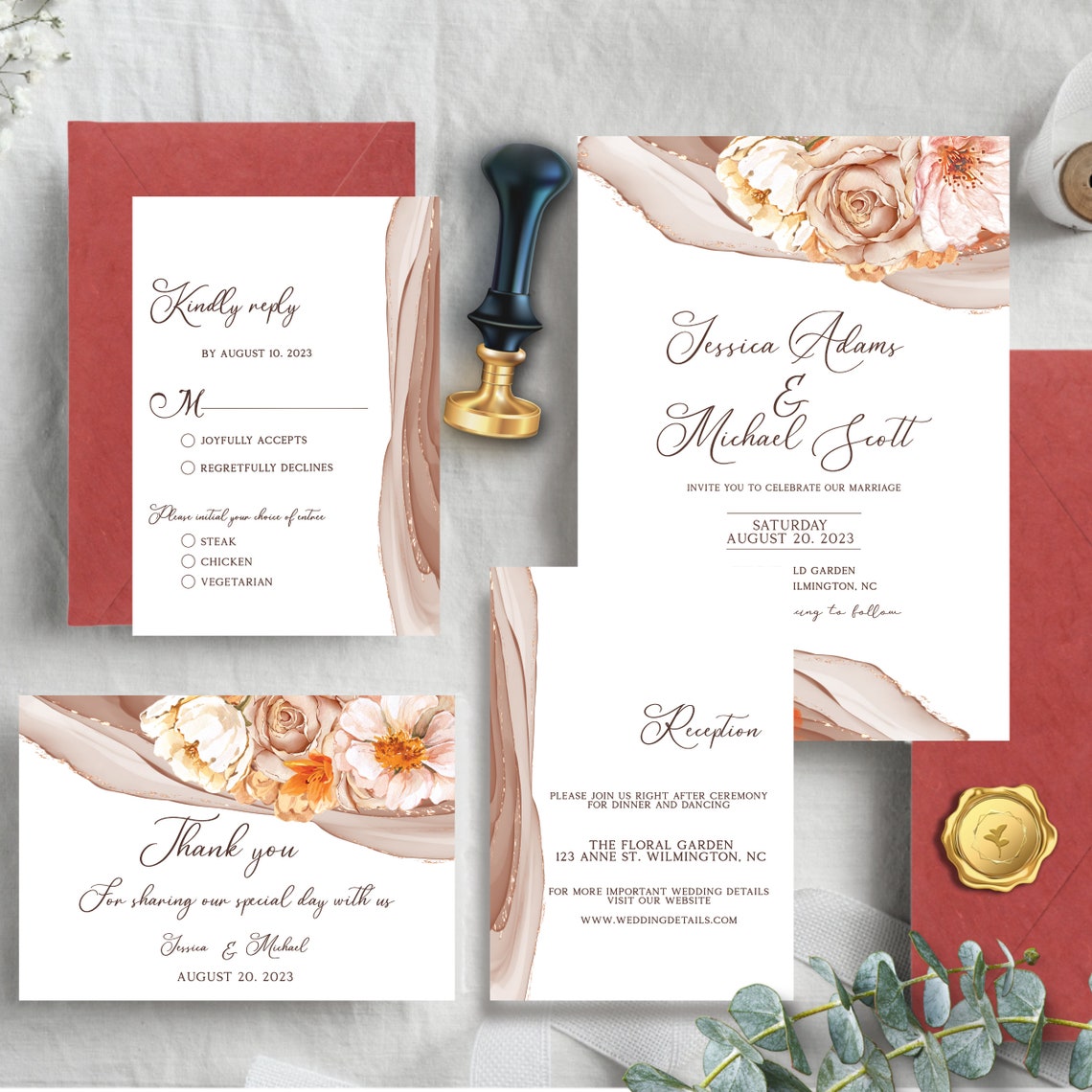 Wedding Invitation, Peach Wedding Invitation Template, Editable Wedding ...