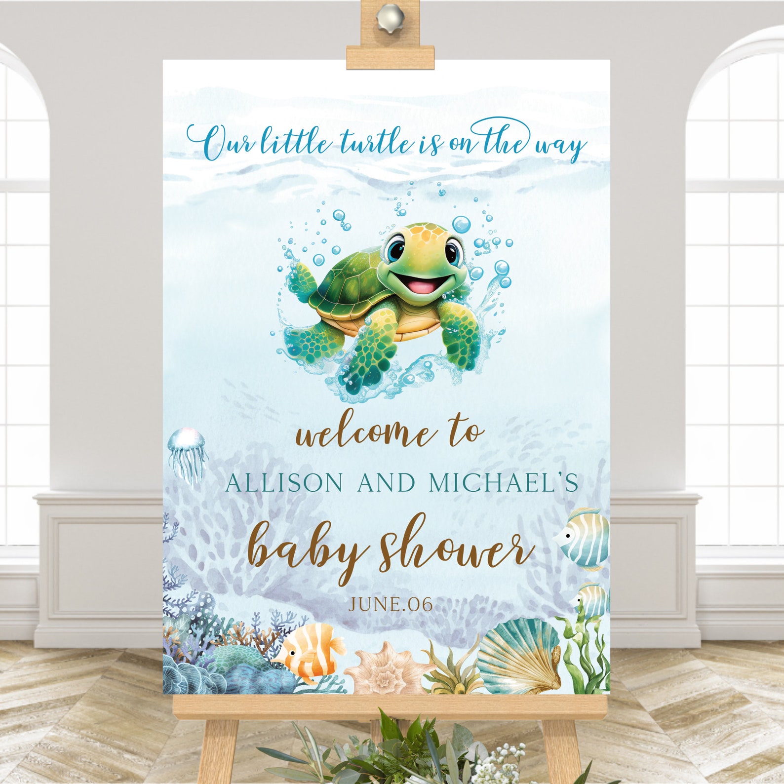 Sea Turtle Baby Shower Welcome Sign: Personalized Ocean Theme Template ...