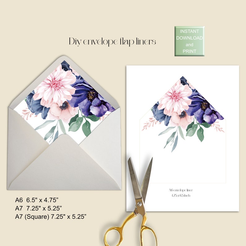 Floral Blue Envelope Liner, Printable Instant Download, Instant Print ...