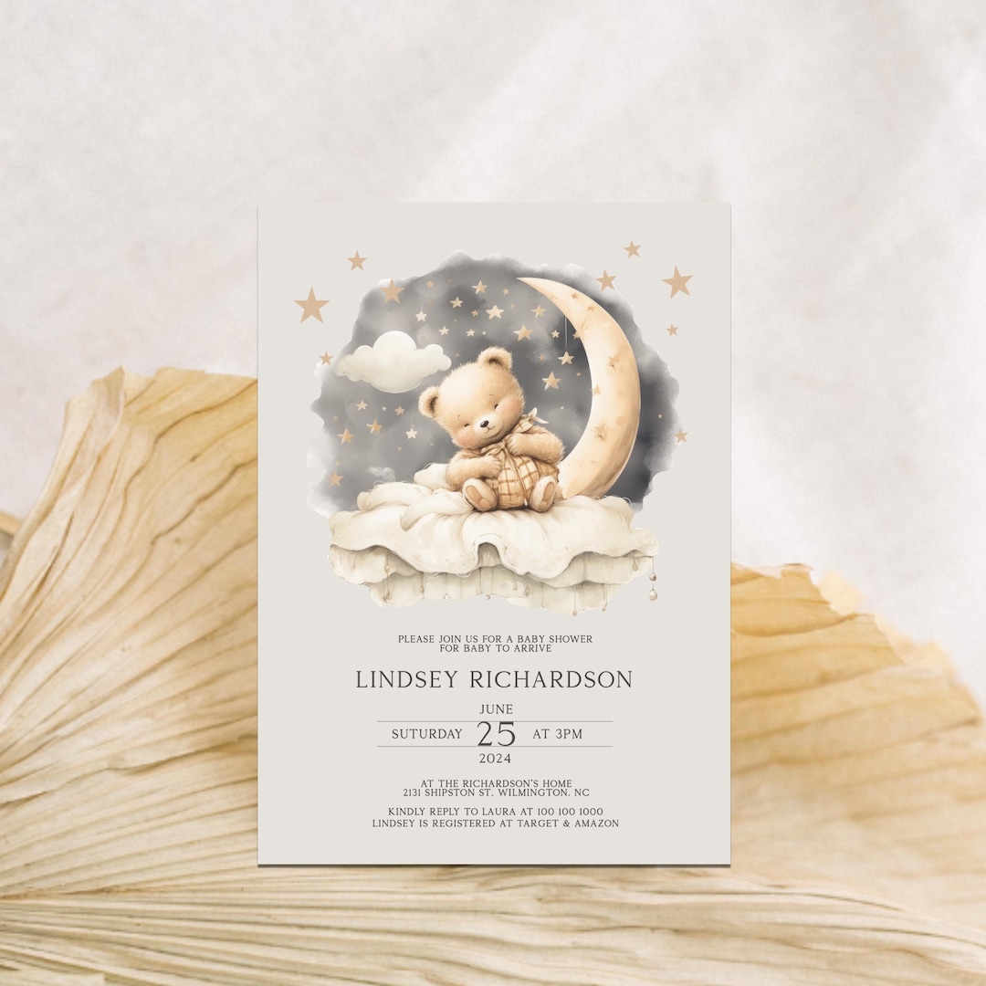 Customized Sleeping Teddy Bear Baby Shower Invitation - Instant Digital ...